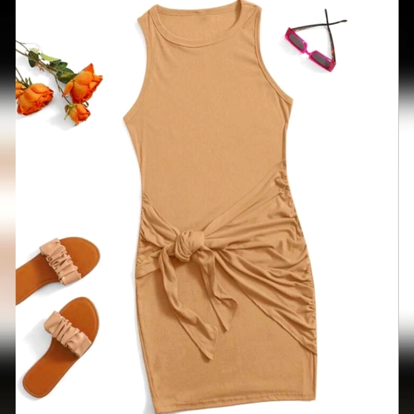 SHEIN | Dresses | Shein Front Knot Ribbed Bodycon Mini Dress In Tan ...
